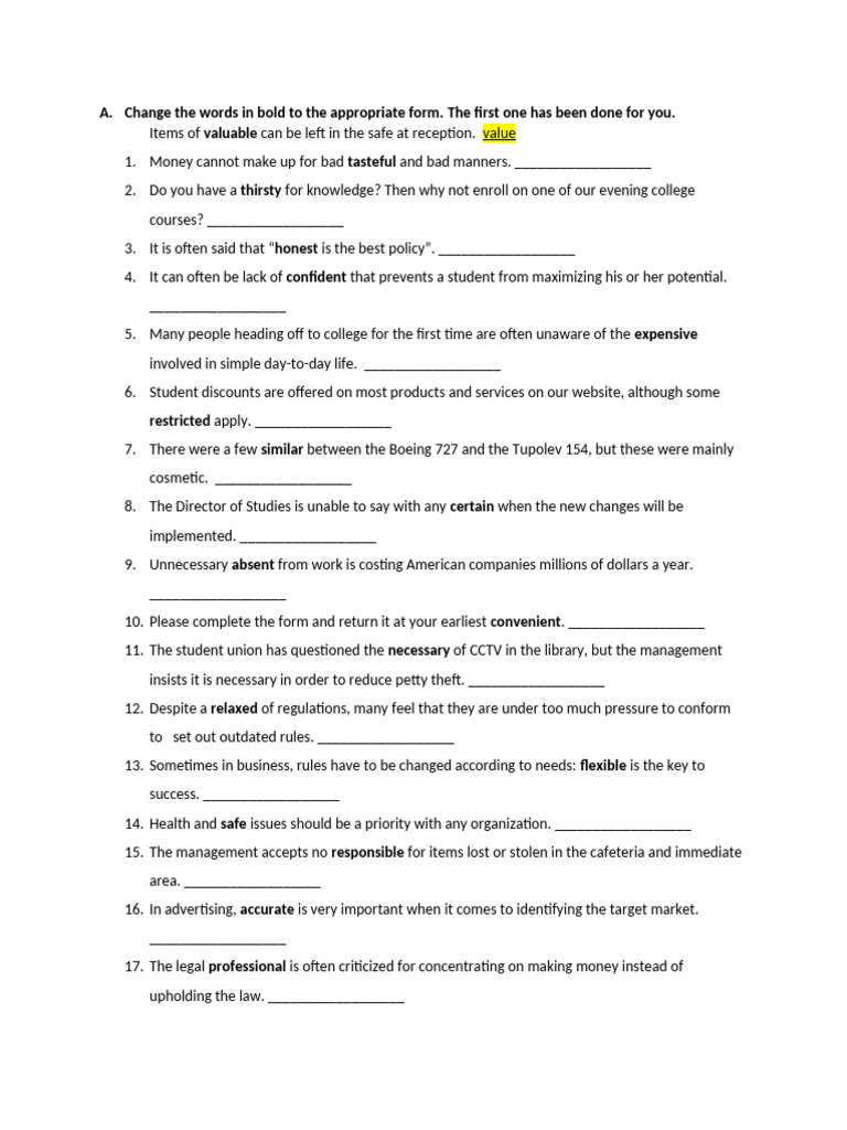 Change The Words in Bold To The Appropriate Form | PDF