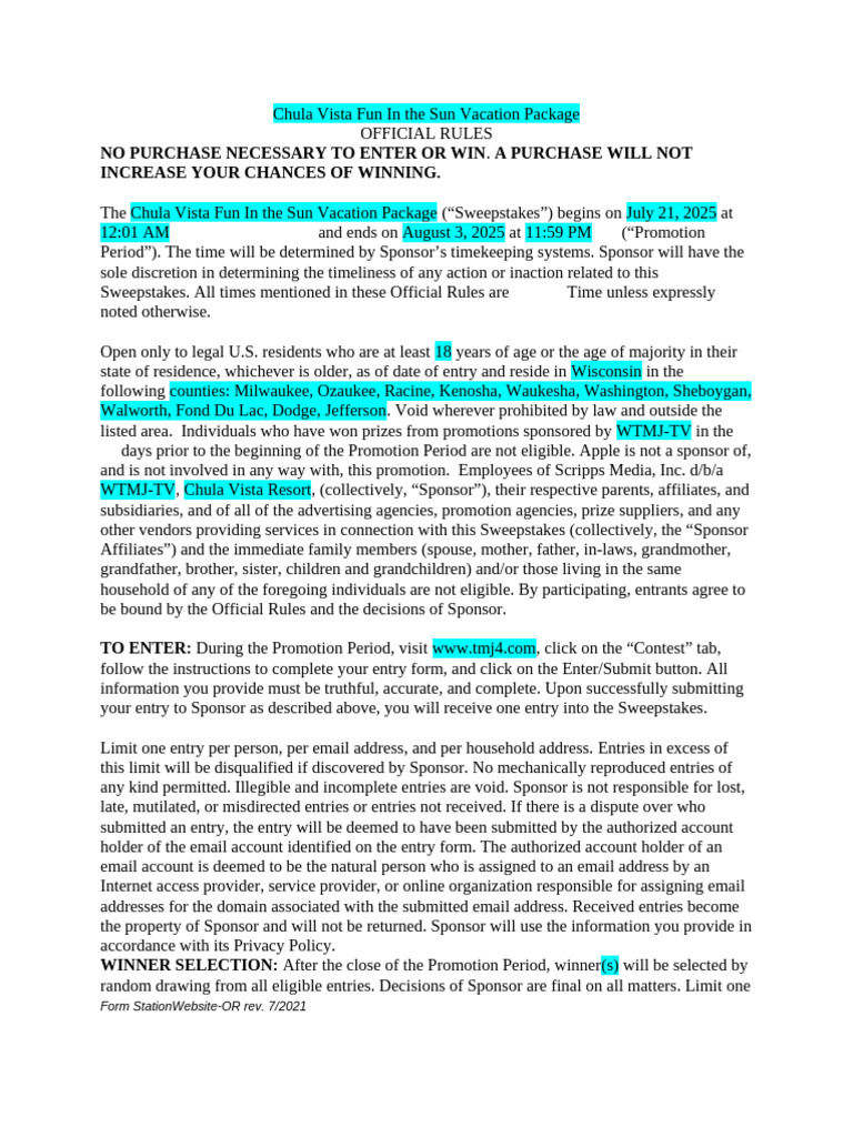 Contest Rules - Chula Vista Resort - Fun in The Sun Vacation Package ...