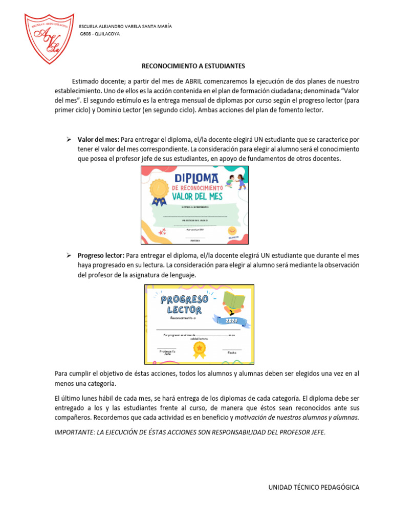 Instrucciones Reconocimiento A Estudiantes | PDF | Maestros | Aprendizaje
