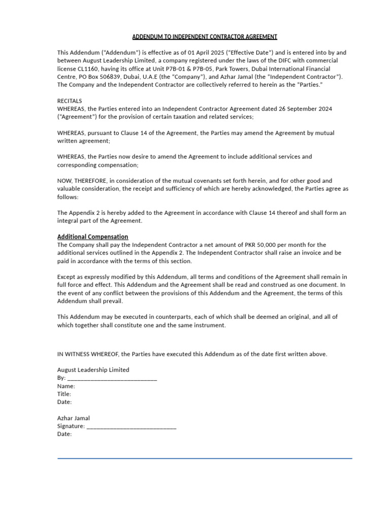 Addendum To Independent Contractor Agreement - DRAFT | PDF | Payroll ...