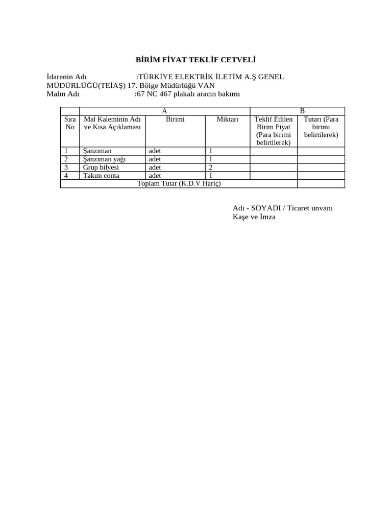 Birim Fiyat Teklif Cetveli DT M | PDF