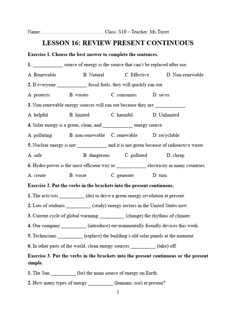Present Continuous Energy Review Exercises | PDF | Energy Development ...