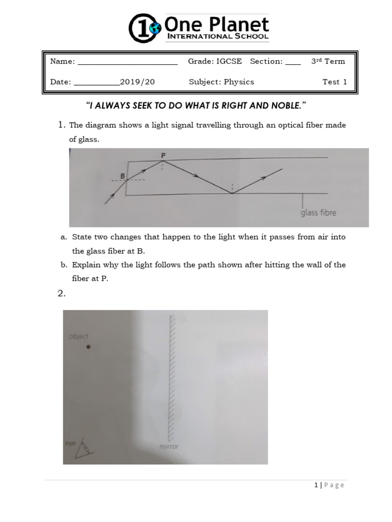 IGCSE Physics Light and Optics Test | PDF | Electromagnetic Radiation ...