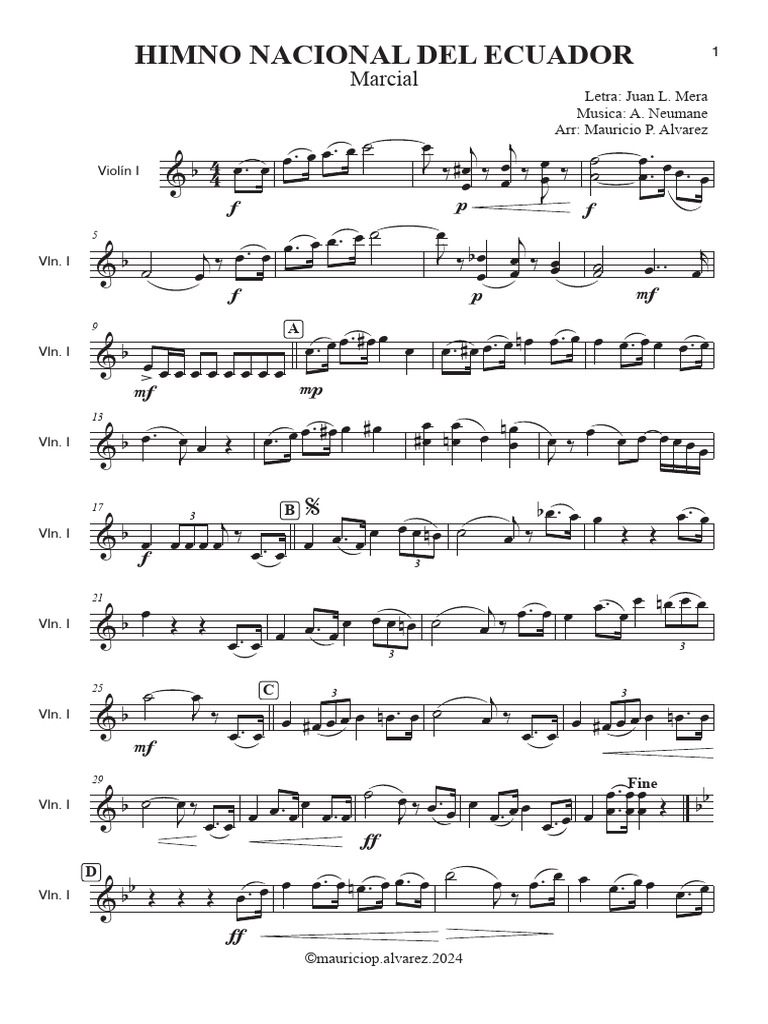 Himno Nacional Del Ecuador - CSNM - Violín I | PDF