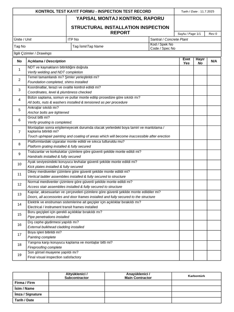 Frm.0022 Structural Installation Inspection Report | PDF