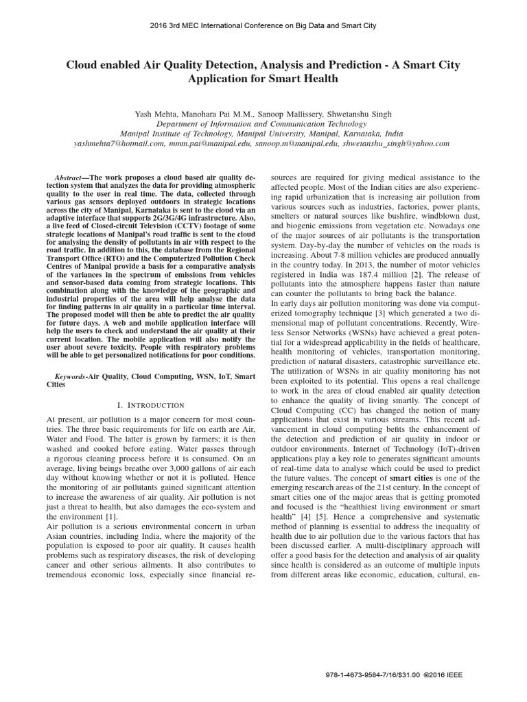Cloud Enabled Air Quality Detection Analysis and Prediction - A Smart ...
