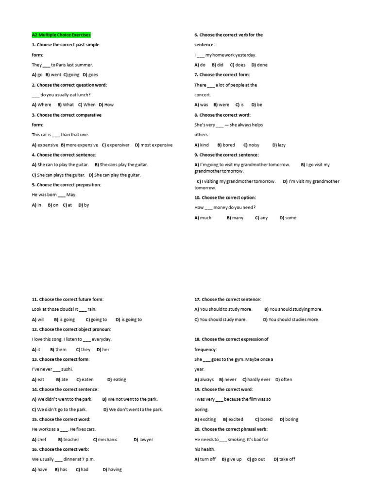 A2 Multiple Choice Exercises | PDF | Grammar | Syntax