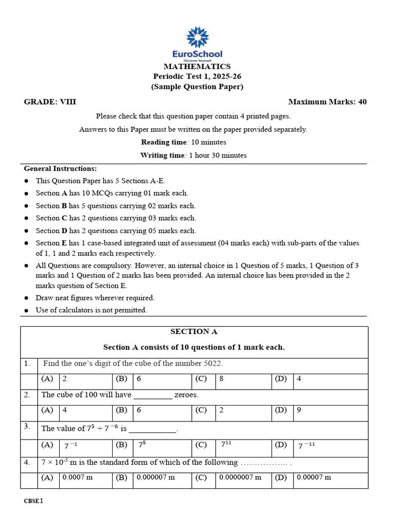 CBSE Grade 8 Math Test Paper 2025-26 | PDF | Numbers | Multiple Choice