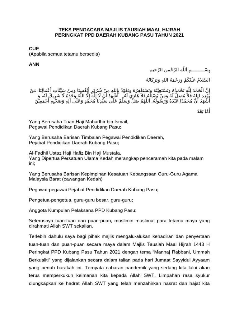 Tausiah Maal Hijrah PPD Kubang Pasu 2021 | PDF
