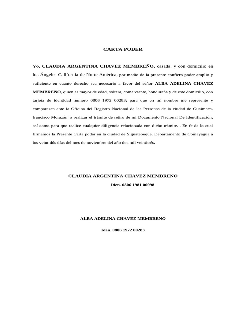 Ejemplo de Carta Poder Notarial | PDF | Honduras | Gobierno