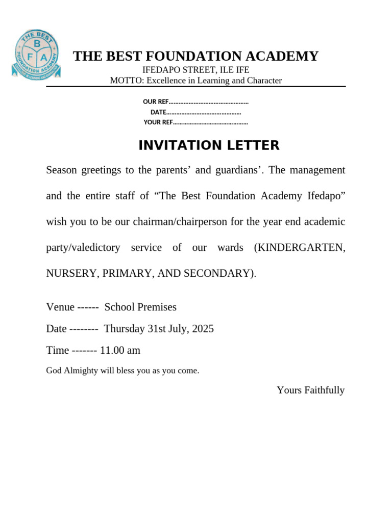 Invitation Letter The Best Foundation Academy | PDF