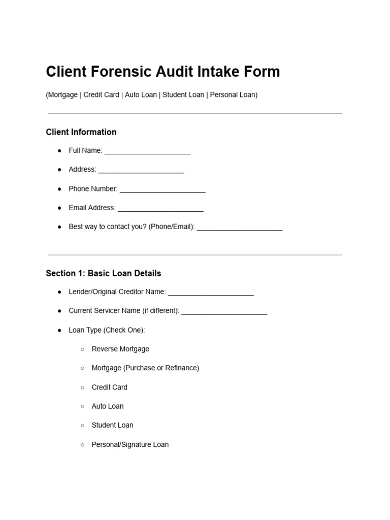 Forensic Audit Client Intake Form | PDF | Loans | Mortgages