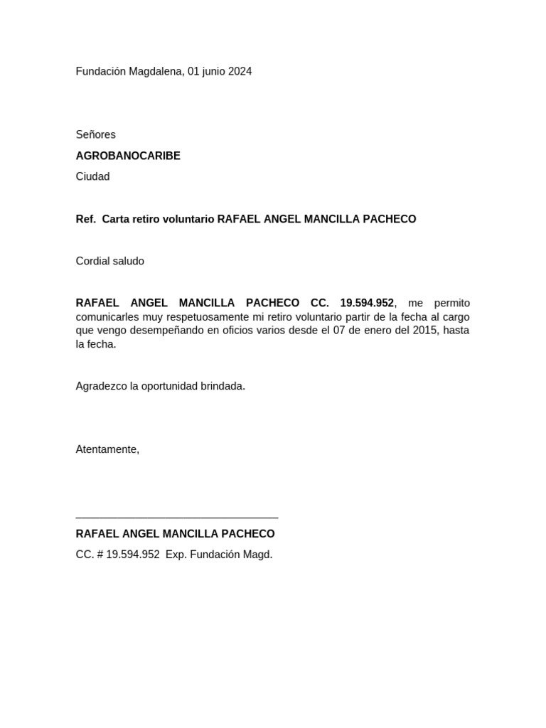 Carta Retiro Laboral | PDF