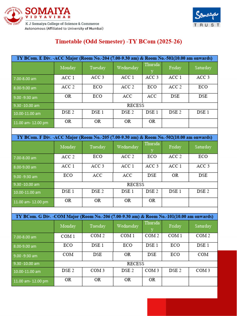 Timetable +TY+BCom+ (2025 26+ Odd+Semester) | PDF
