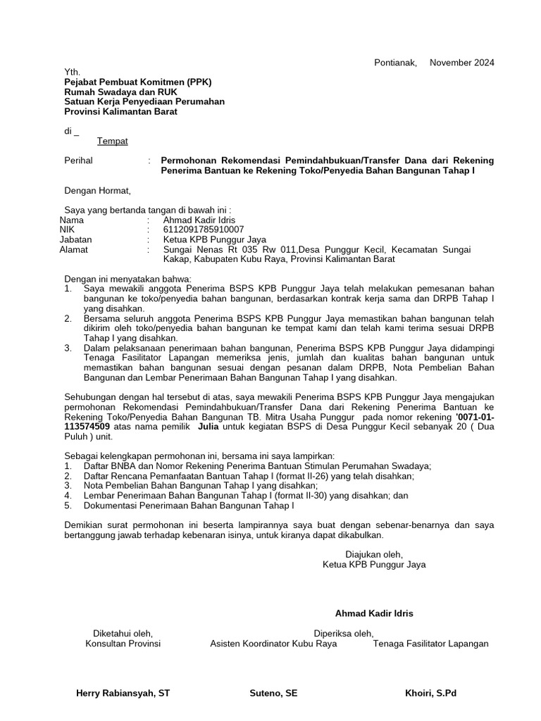 Surat KPB - Permohonan Rekomendasi Pembayaran Bahan Bangunan Tahap I (Ok) | PDF