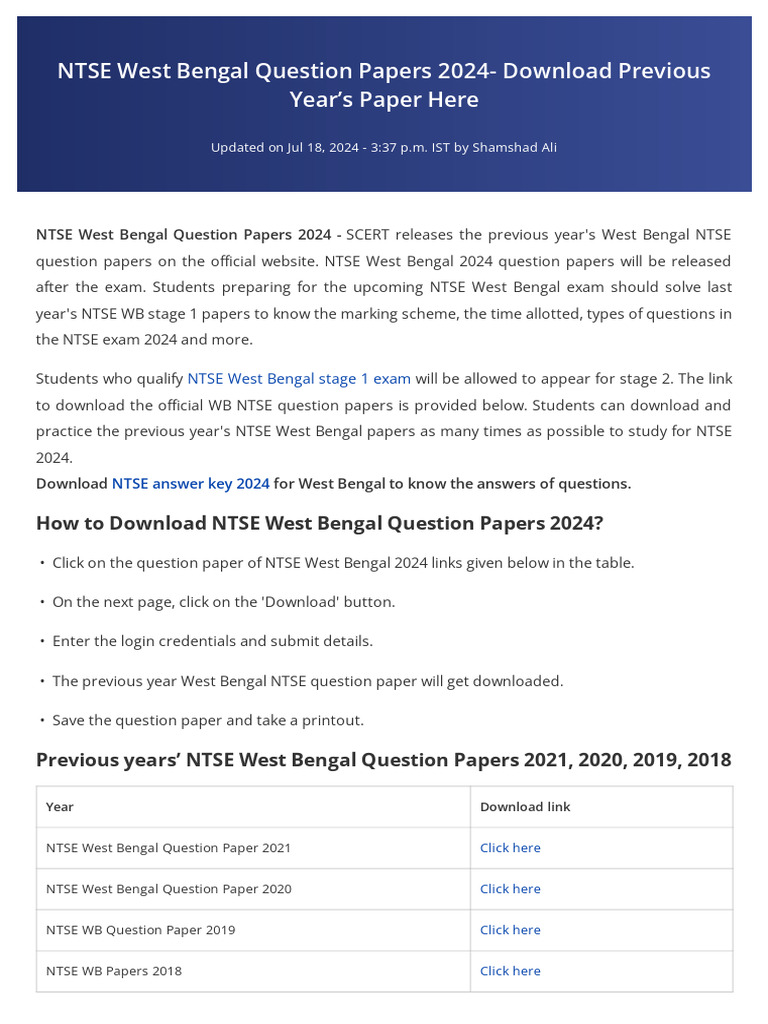 NTSE West Bengal 2024 Question Papers Download | PDF | Sat | Multiple ...