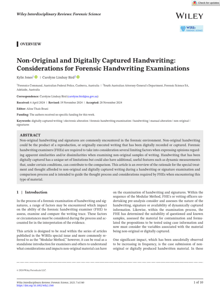 WIREs Forensic Science - 2024 - Jones - Non Original and Digitally Captured Handwriting ...