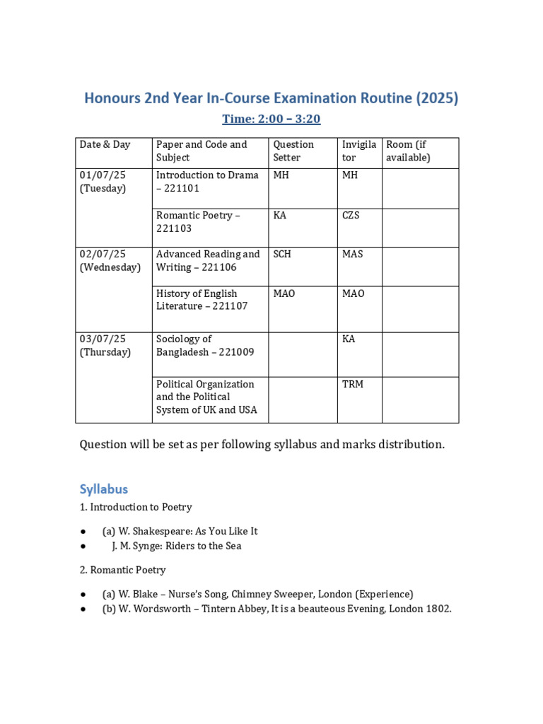 Honours 2nd Year Incourse Exam Routine 2025 | PDF