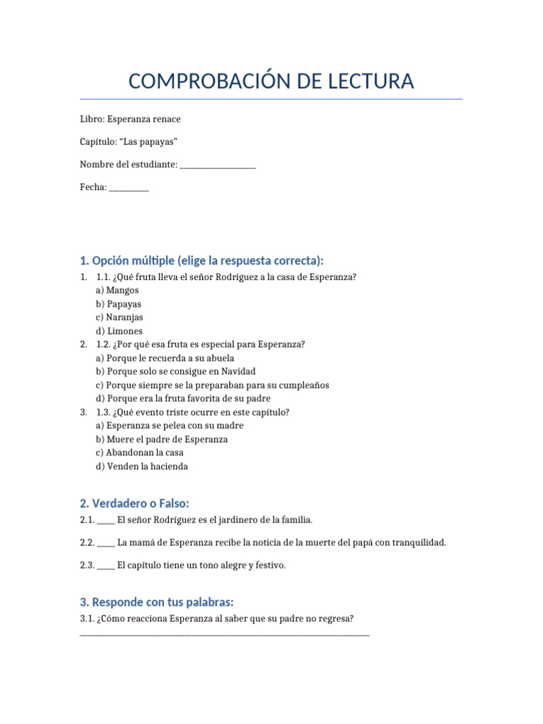 Comprobacion de Lectura Esperanza Renace Las Papayas | PDF
