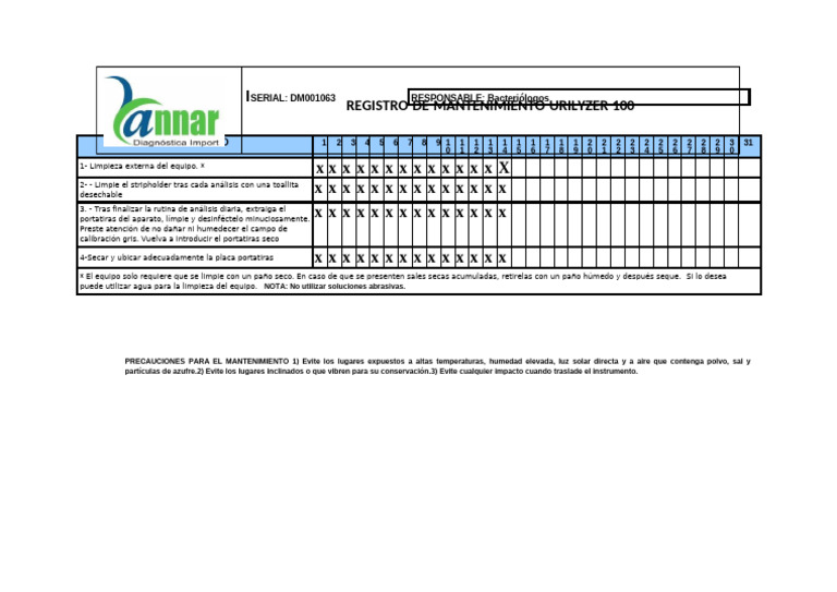 Rutina de Mtto Urilyzer 100 | PDF
