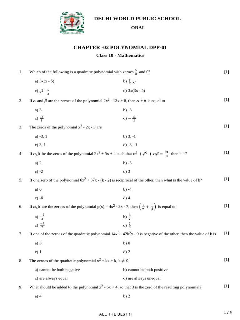 Chap - 02 Polynomial DPP-01!1!3 | PDF | Quadratic Equation | Polynomial