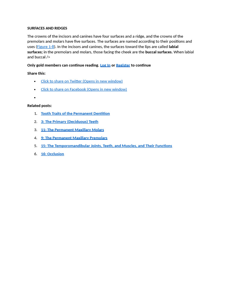 Tooth Surfaces and Ridges Explained | PDF