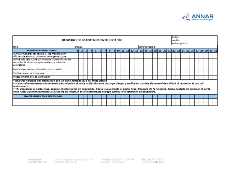 Rutina Mantenimiento URIT 180 | PDF