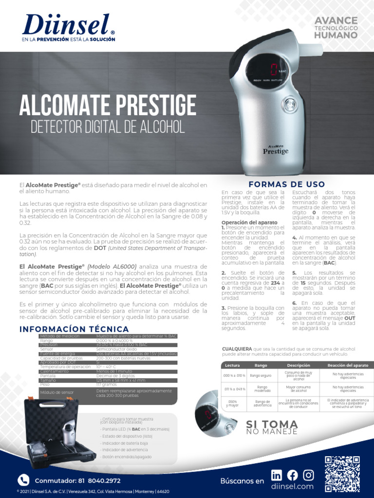 AlcoMate Prestige: Medición de Alcohol | PDF | Sensor