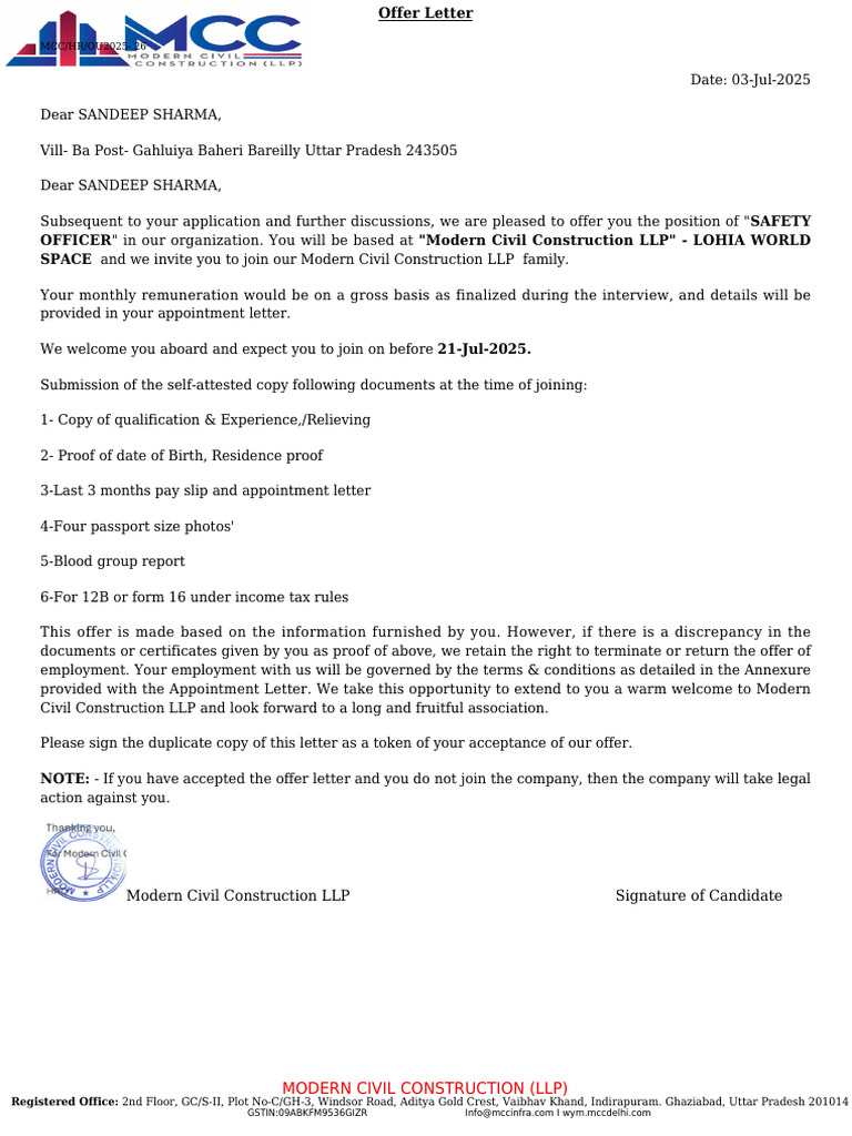 Sandeep Sharma Offer Letter | PDF