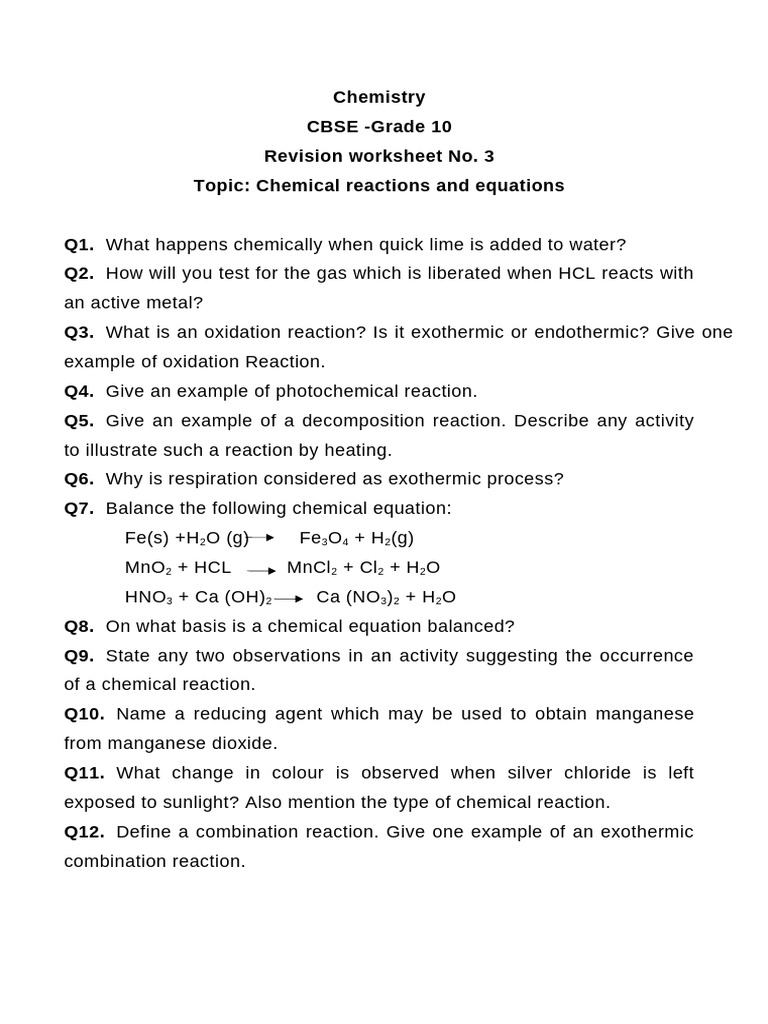 Grade 10 Chemical Reactions Worksheet | PDF
