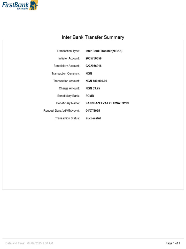 Inter Bank Transfer Receipt Summary | PDF