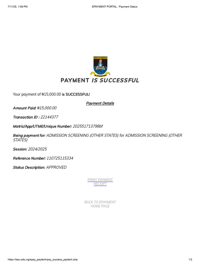 LASU Payment Confirmation Receipt | PDF