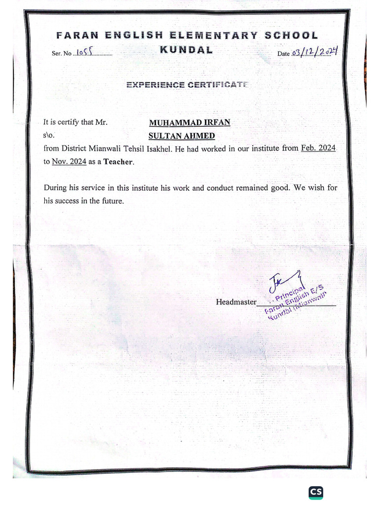 School Experience Certificate | PDF
