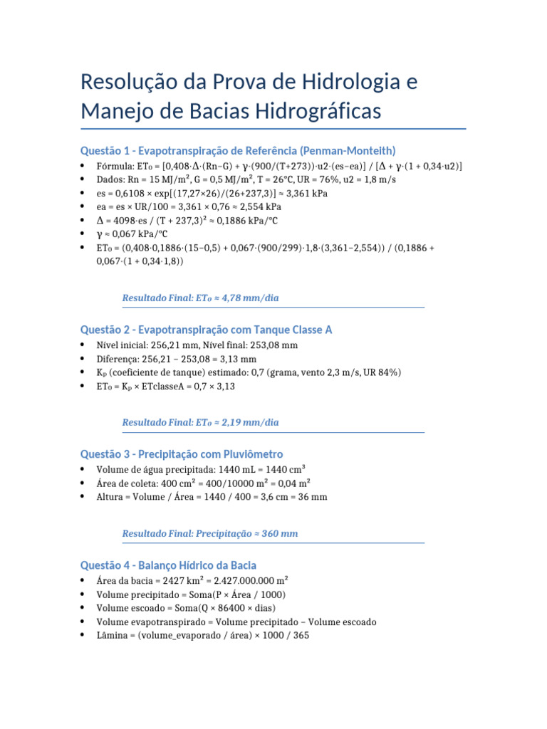 Resolucao Hidrologia Prova | PDF | Paisagem | Ambiente natural