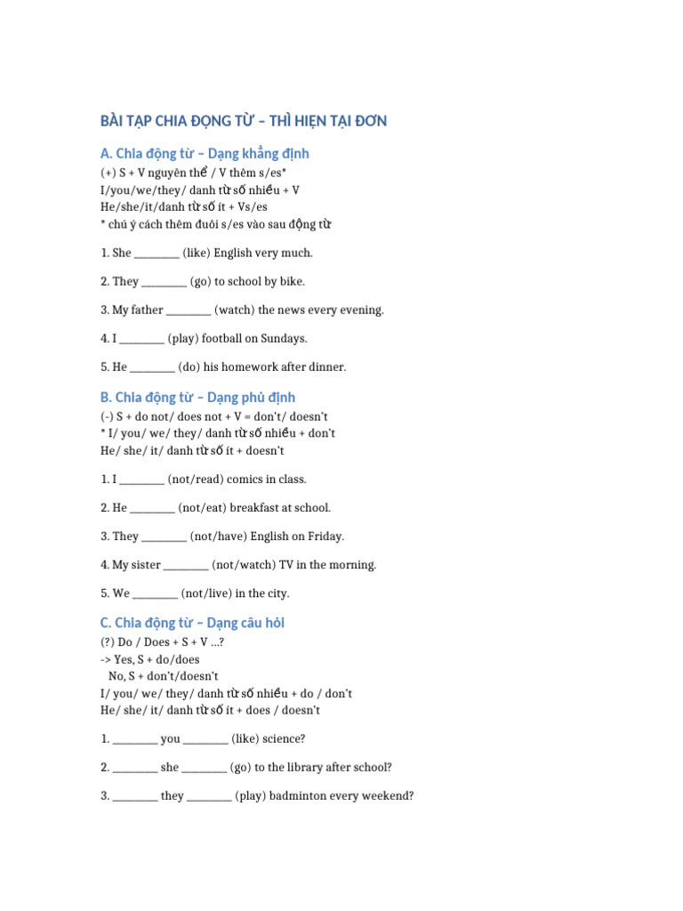 Bai Tap Chia Dong Tu Hien Tai Don | PDF