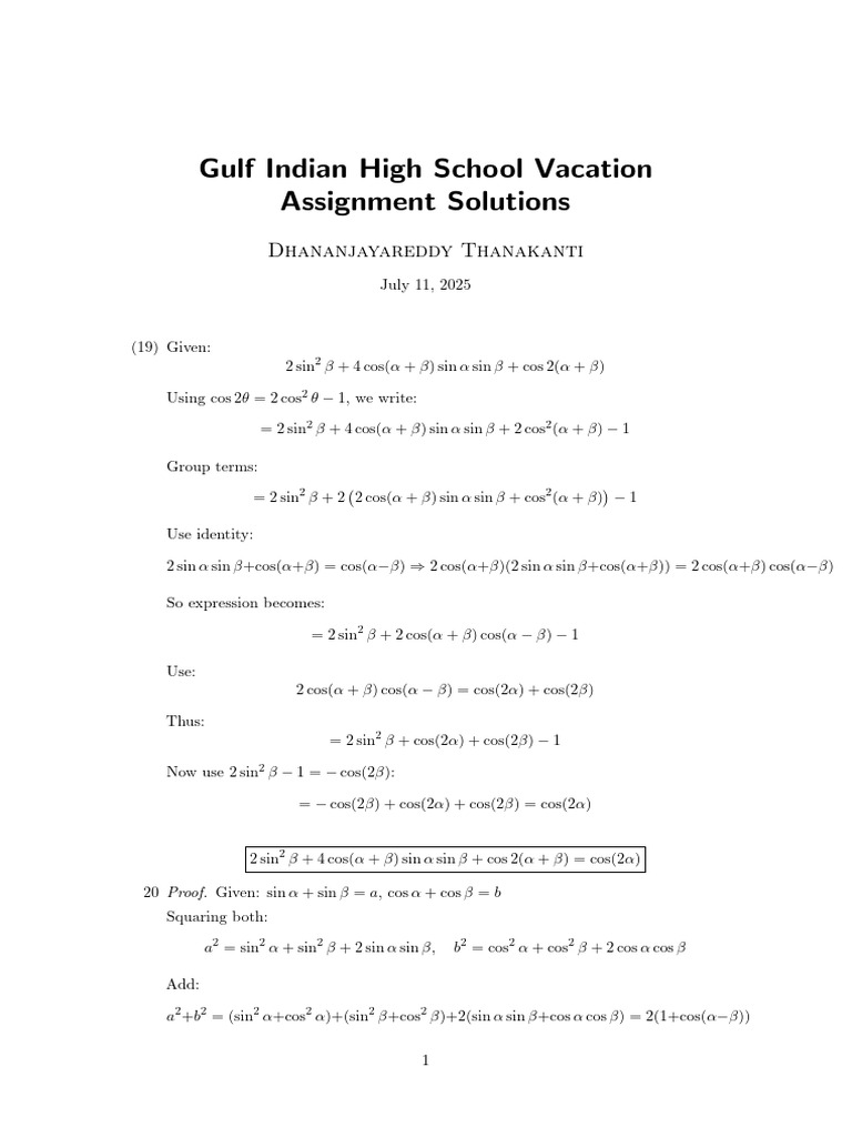 Gulf Indian High School Vacation Assignment Solutions-1 | PDF | Square Root | Mathematics