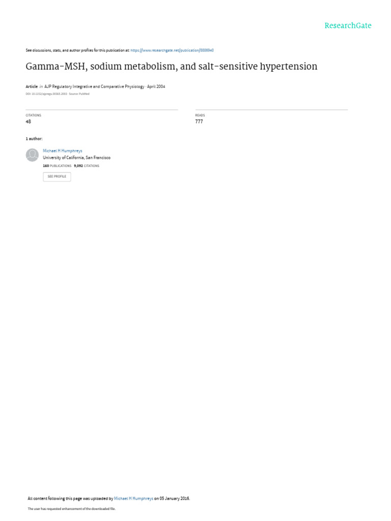 Gamma-MSH Sodium Metabolism and Salt-Sensitive Hyp | PDF ...
