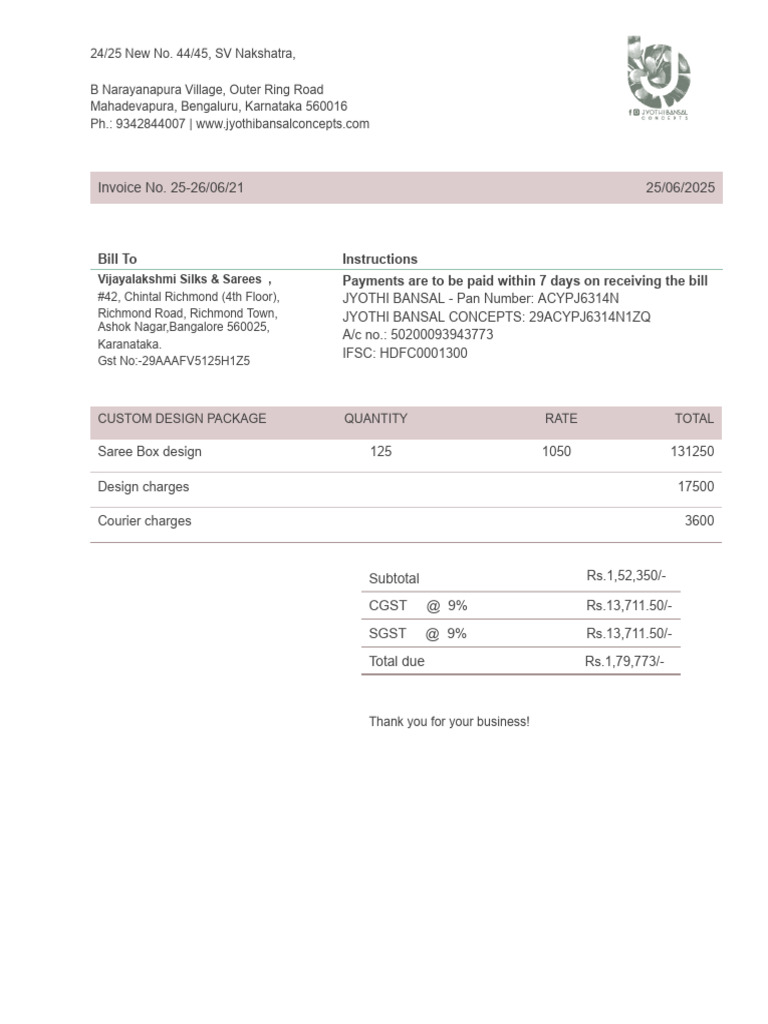Vijayalakshmi Silks Invoice 252621 | PDF