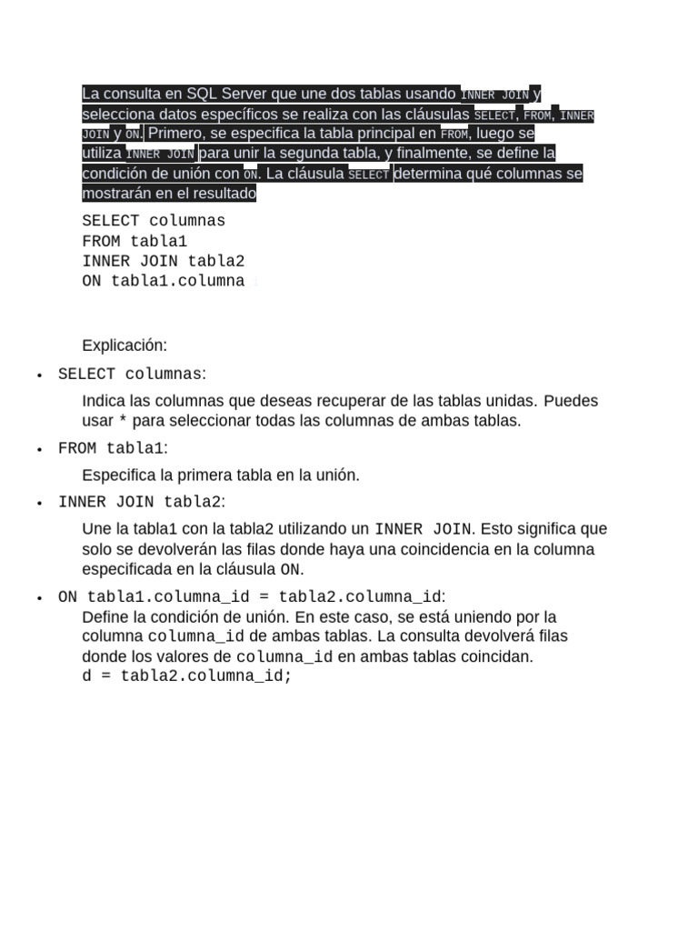 La Consulta en SQL Server Que Une Dos Tablas Usando | PDF