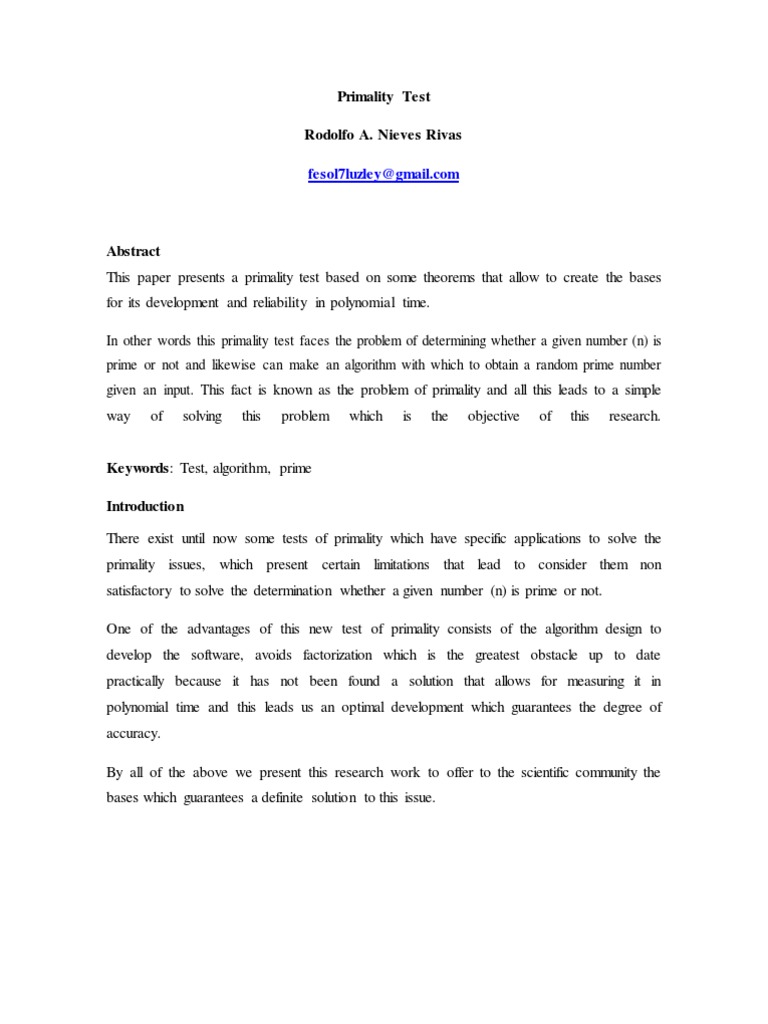 A Simple Primality Test | PDF | Prime Number | Theorem