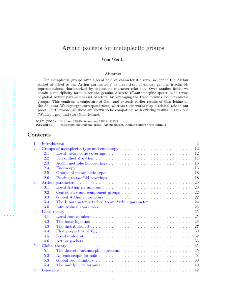 Arthur Packets for Metaplectic Groups | PDF | Representation Theory ...