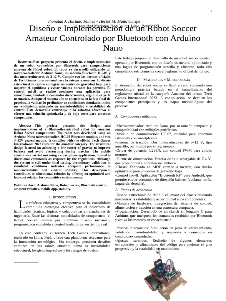 Diseño e Implementación de Un Robot Soccer Amateur Controlado Por Bluetooth Con Arduino Nano PDF ...