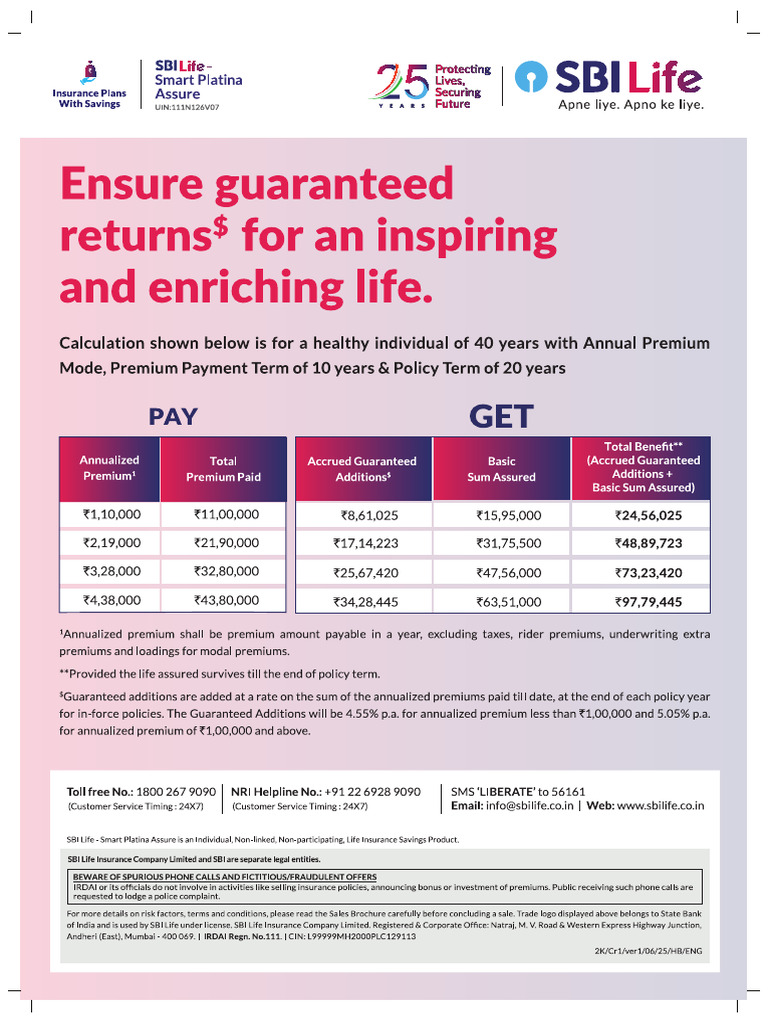 SBI Life - Smart Platina Assure V07 Handbill PPT10 PT20 Artwork | PDF