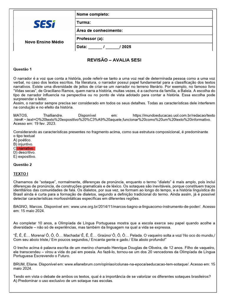 Revisãol - Avalia SESI (1º Ano) | PDF | Linguística | Gramática