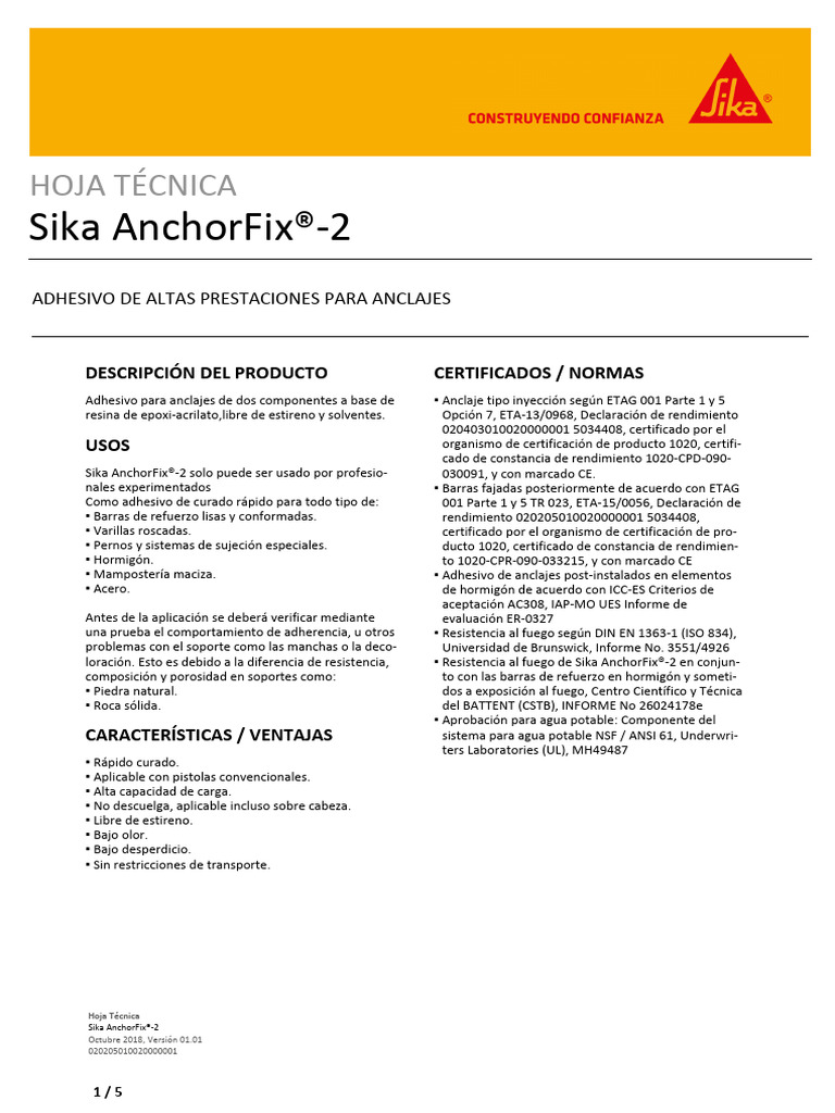 Sika AnchorFix®-2: Adhesivo de Anclajes | PDF | Hormigón | Perforación