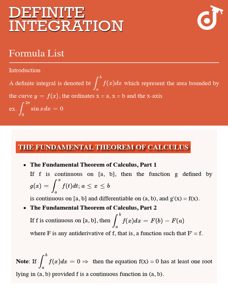 Class 11 Definite Integration Formulas | PDF | Integral | Calculus