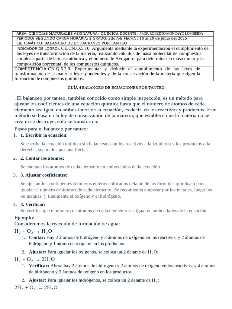 Balanceo de Ecuaciones Químicas por Tanteo | PDF | Química | Importar