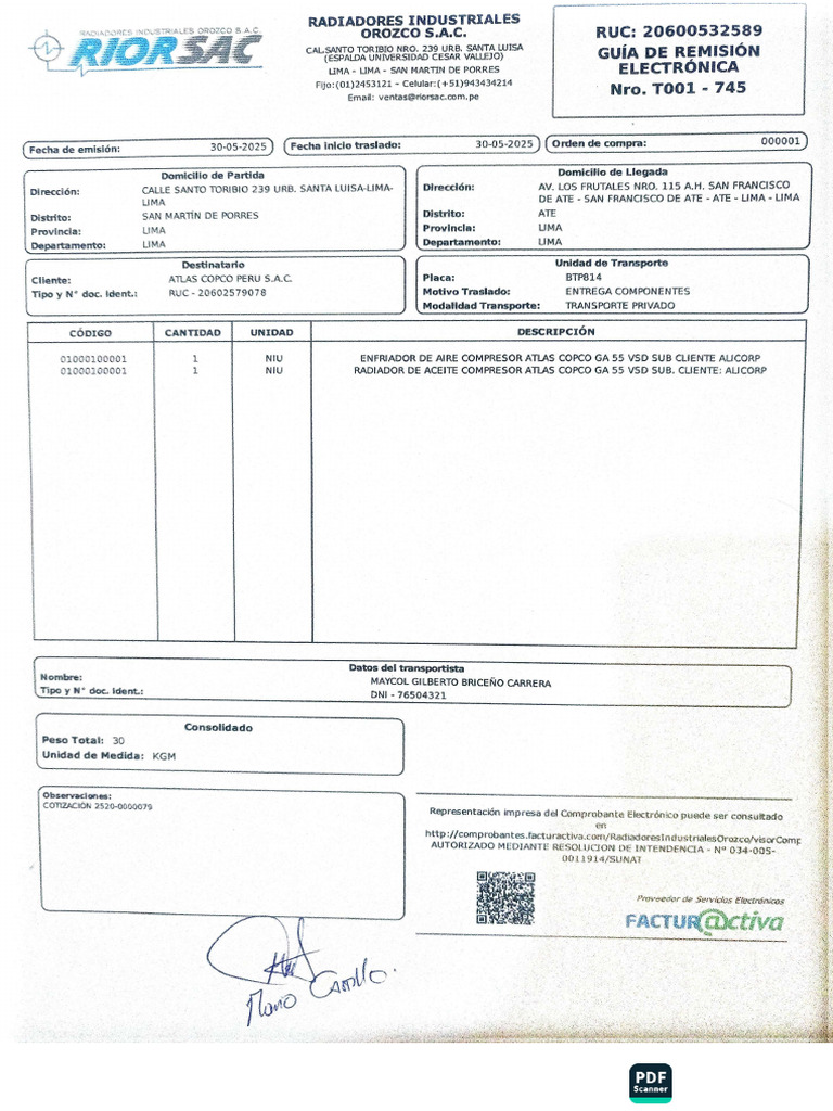 Guía de Entrega Riorsac T001-745 | PDF