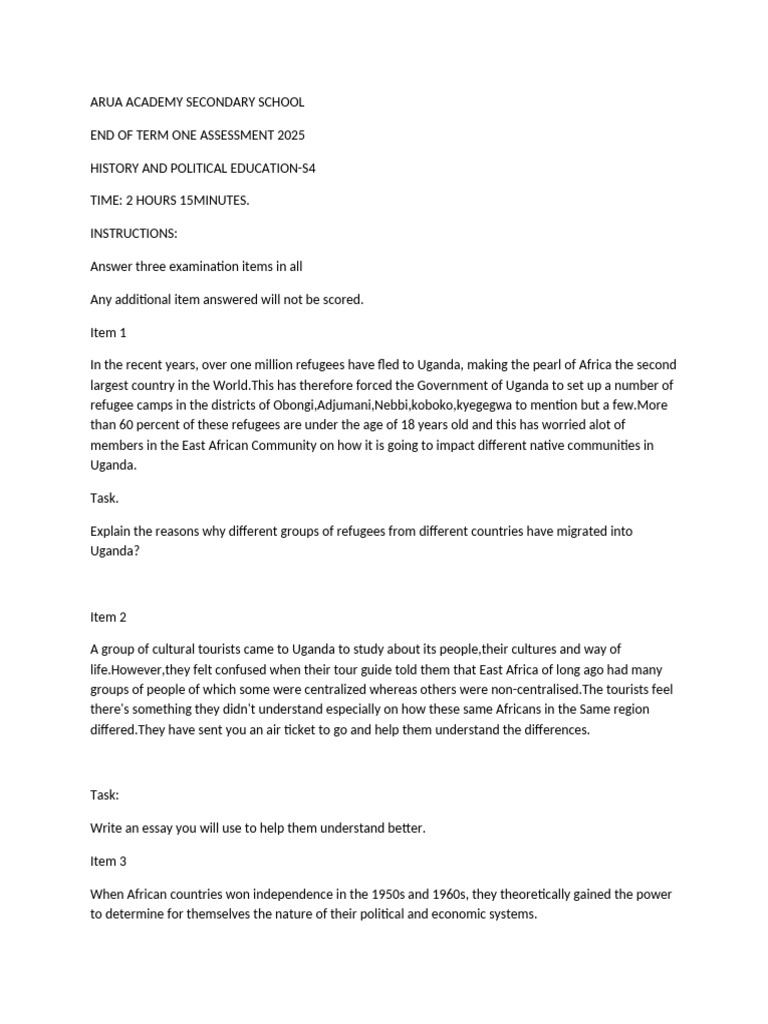 S4 History Assessment: Uganda's Challenges | PDF