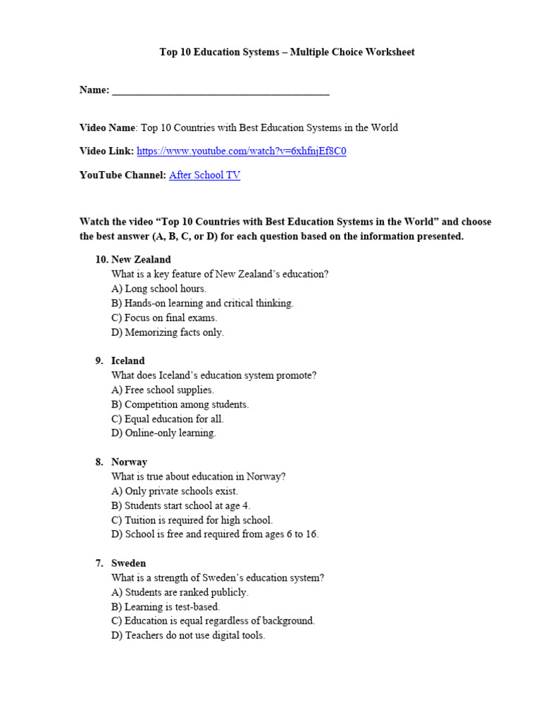 Top 10 Education Systems MC Worksheet | PDF | Schools